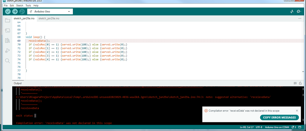Compilation Error ReceiveData Was Not Declared In This Scope