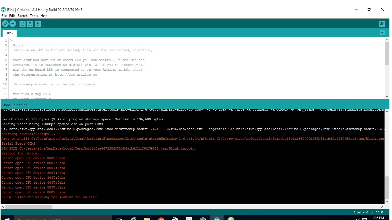 Unable To Upload ERROR Timed Out Waiting For Arduino 101