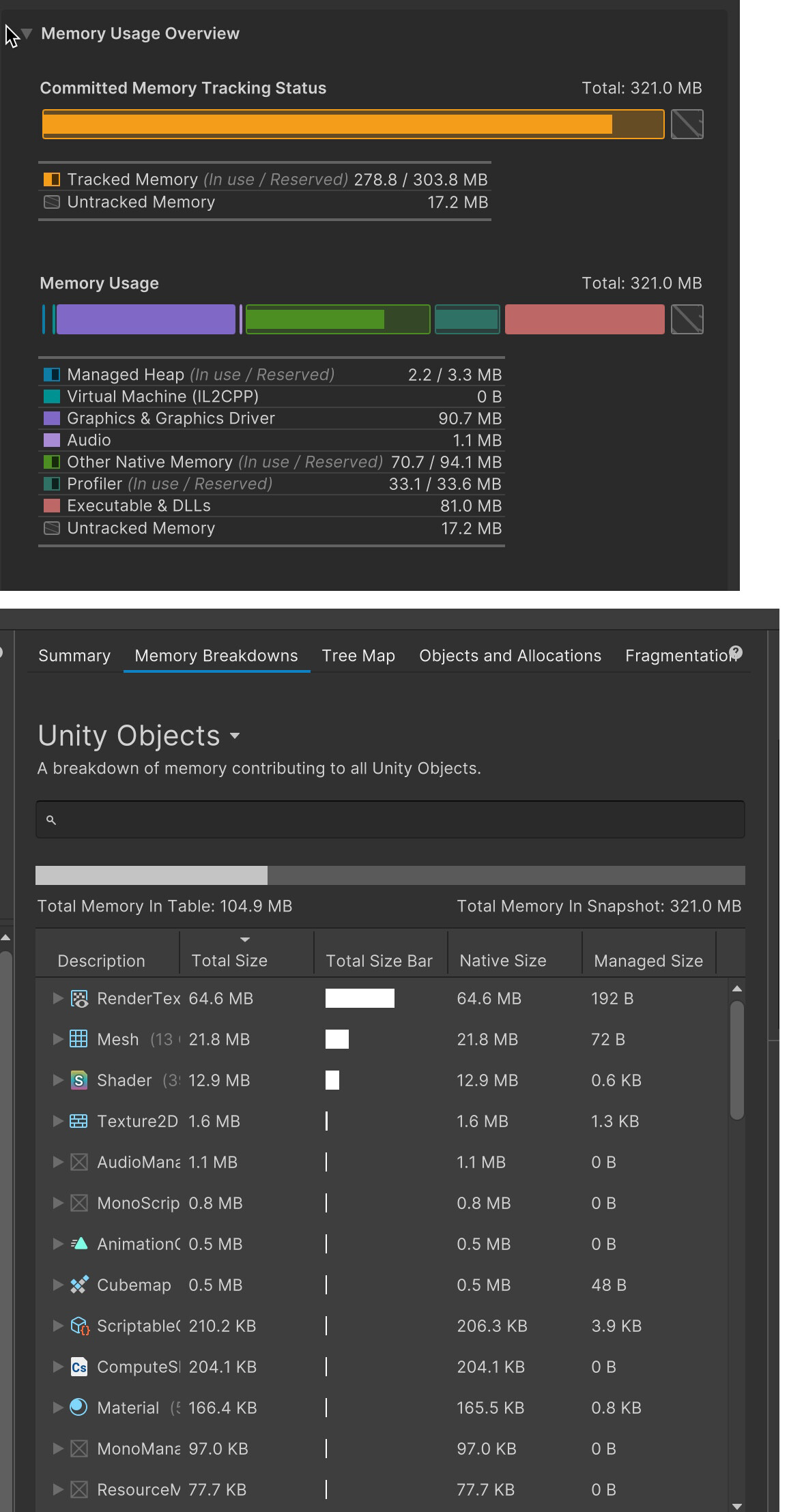 Detailed Of Untracked Memory Unity Engine Unity Discussions