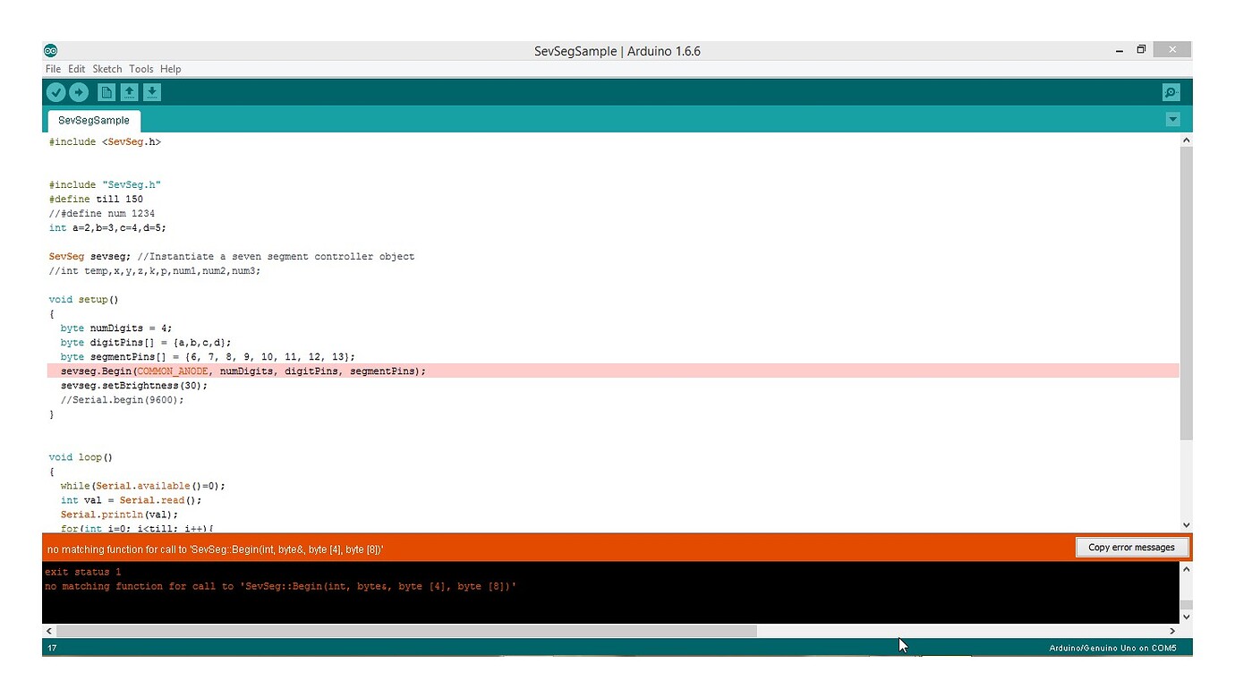 SevSeg Library error: 'class SevSeg' has no member named 'begin' - Programming - Arduino Forum