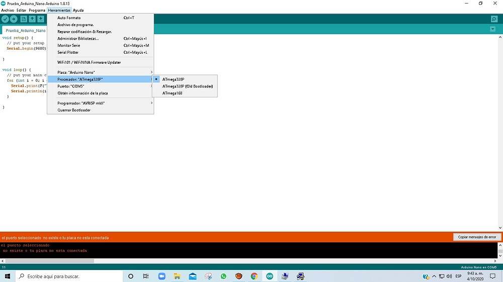 Compre un Arduino Nano y al momento de subir un Sketch me salió error que hacer? - Software ...