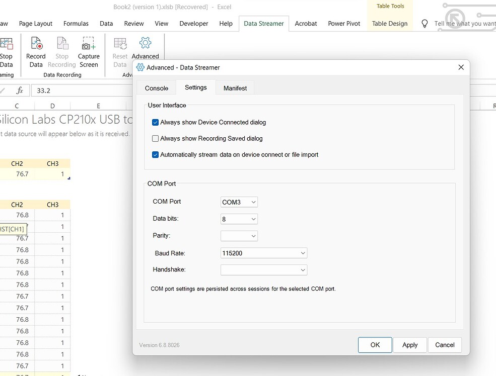 Excel Data Streamer - No Data - Interfacing w/ Software on the Computer - Arduino Forum