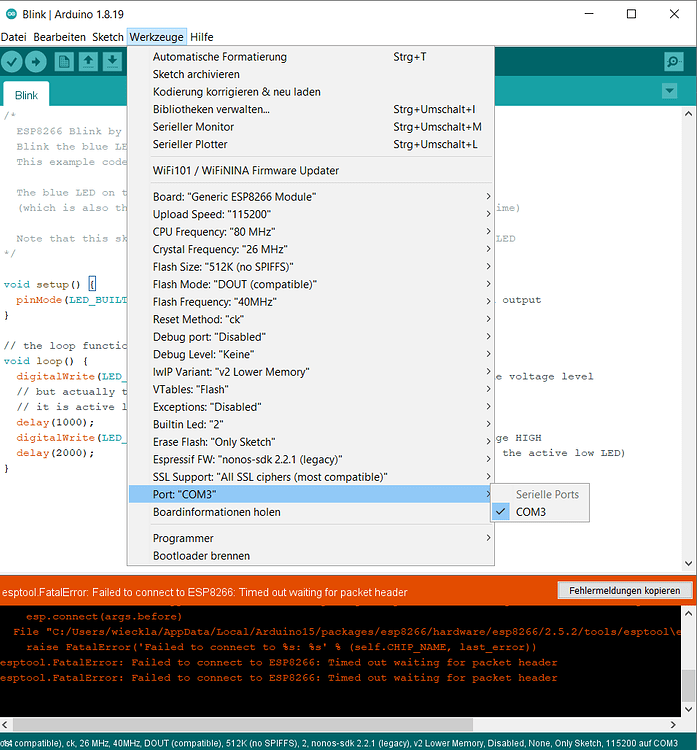 Failed to connect to ESP8266 - ESP8266 wird nicht erkannt - Deutsch - Arduino Forum
