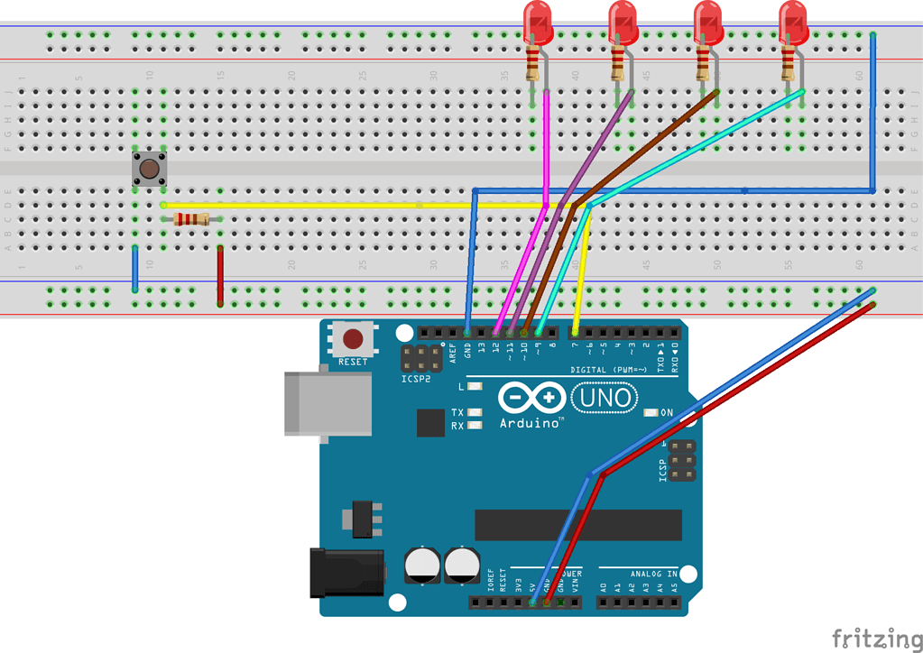 SALVE A TUTTI; COMANDARE 4 LED CON UN SOLO PULSANTE...aiuto! - Software - Arduino Forum