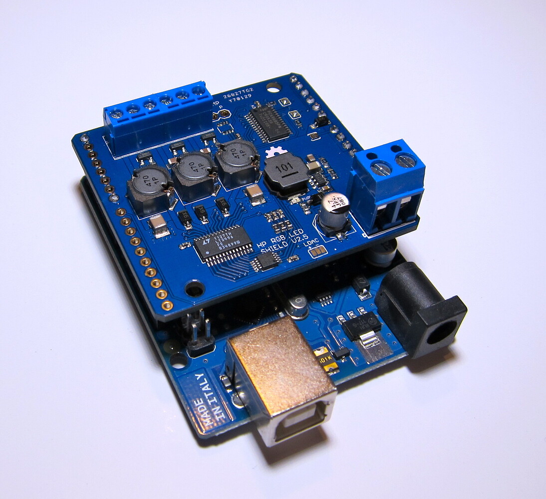 High Power RGB LED shield - 12bit/channel dimming - I2C (TWI) - LEDs and Multiplexing - Arduino ...