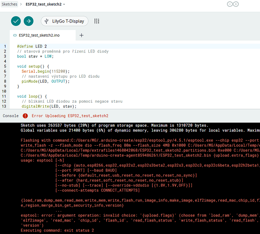 Upload to ESP32 board fails: "invalid choice: '{upload.flags}'" - Cloud Editor - Arduino Forum