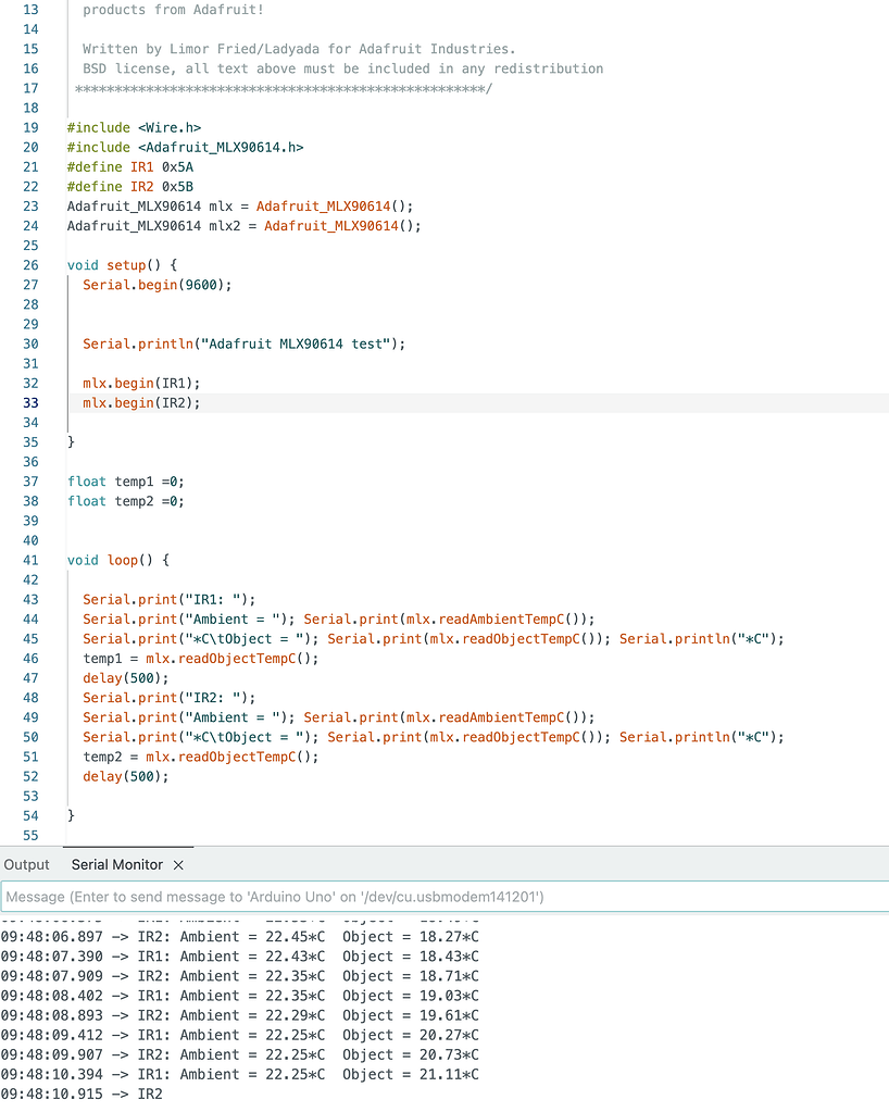 Making multiple IR temp sensors (MLX90614) work on one ardoino, but it ...