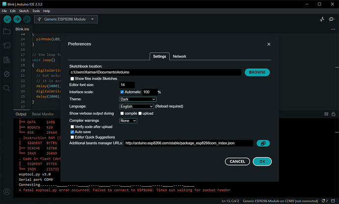 Esp 01s On Arduino Mega 2560 A Fatal Esptool Py Error Occurred