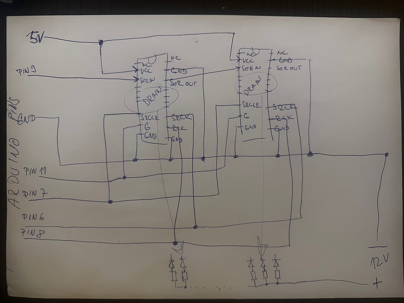 Two Serialized TPIC6B595 Shift Registers behaving oddly with PWM - LEDs ...