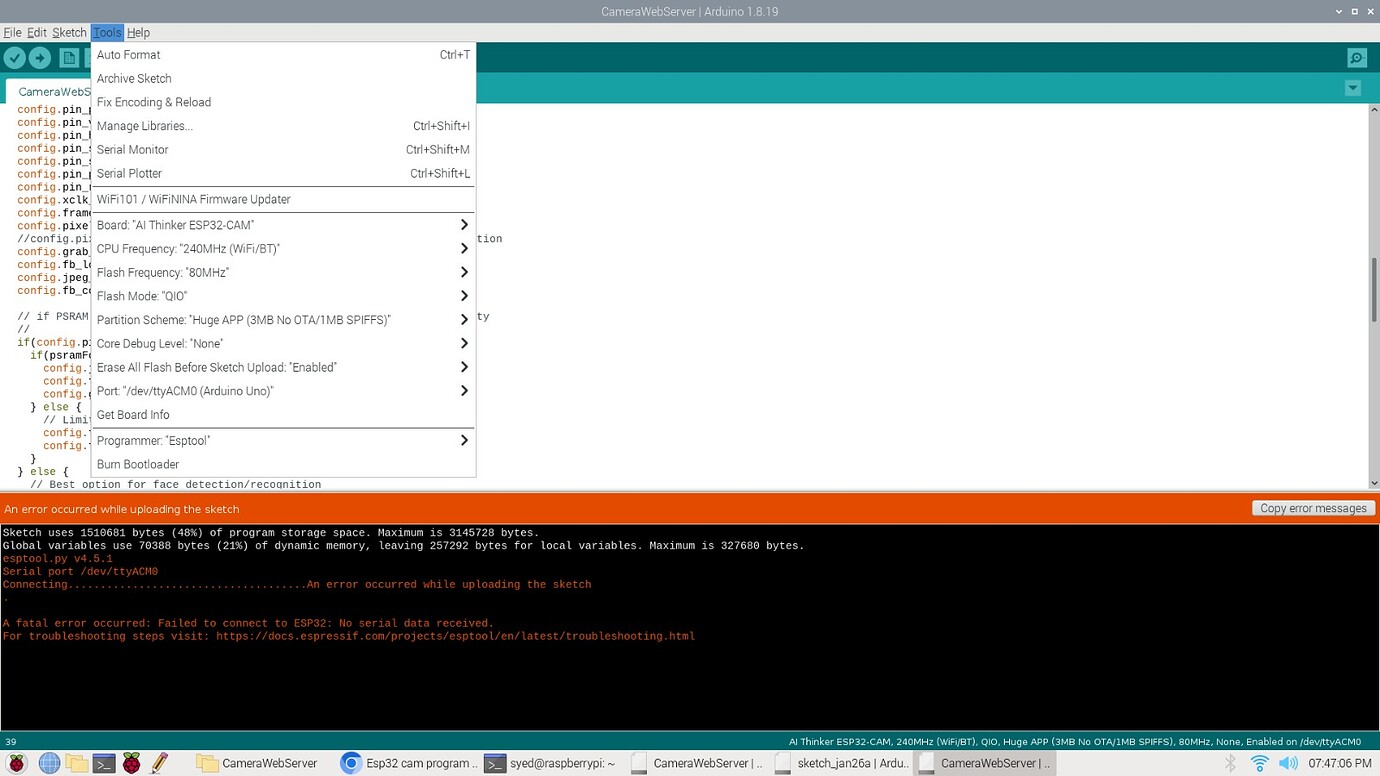 Esp32 cam program upload error - Uploading - Arduino Forum