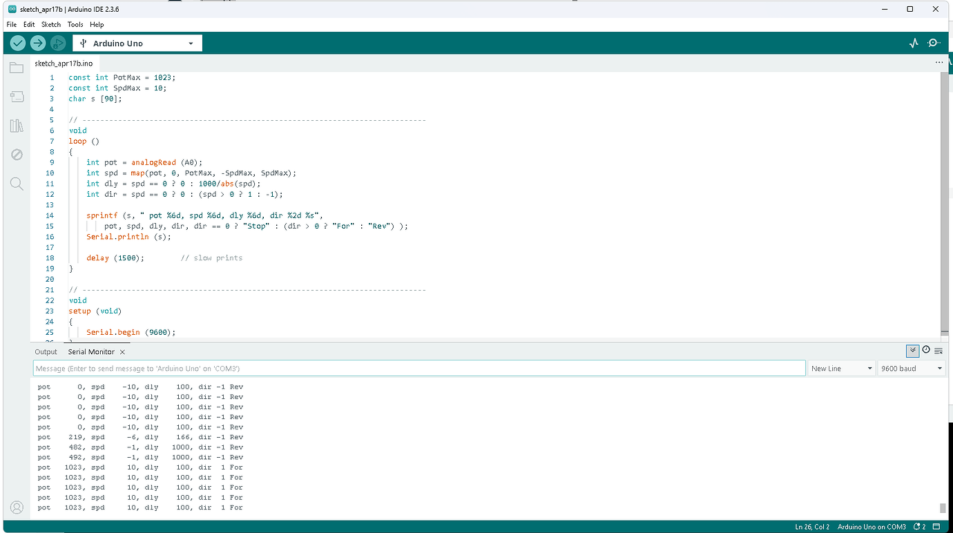 Controlling the speed and direction of rotation of a large stepper using a single potentiometer ...
