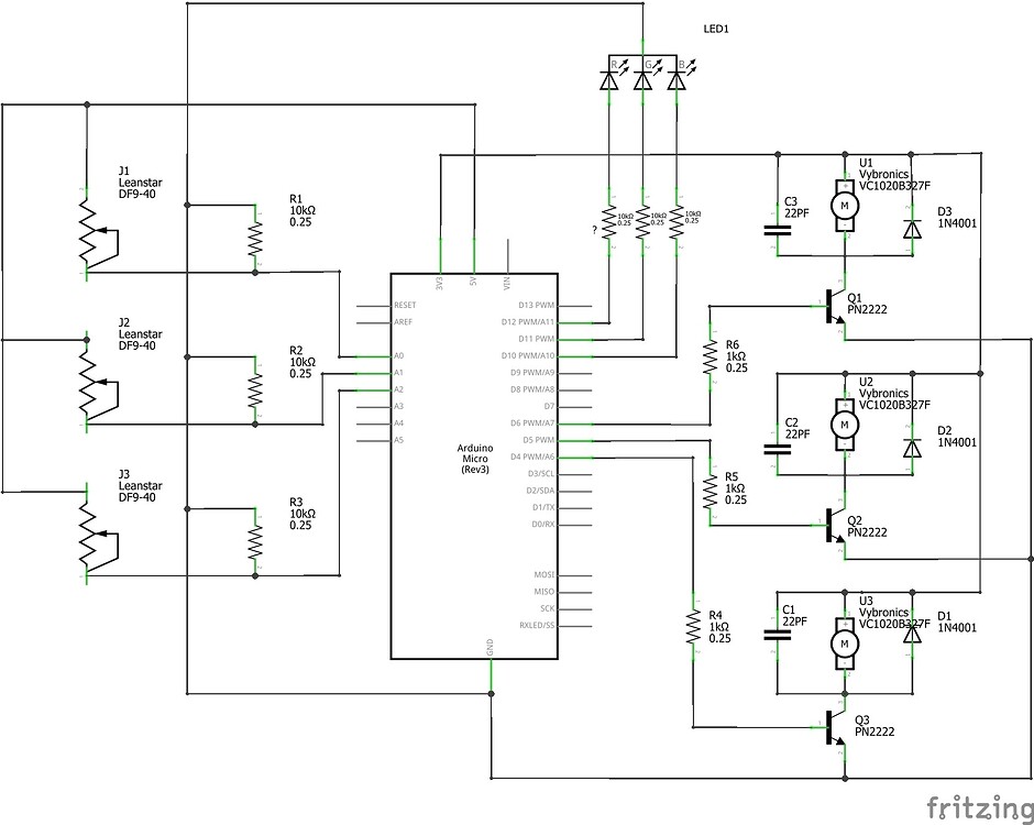 Controlling multiple vibration motors with force sensors, at three ...