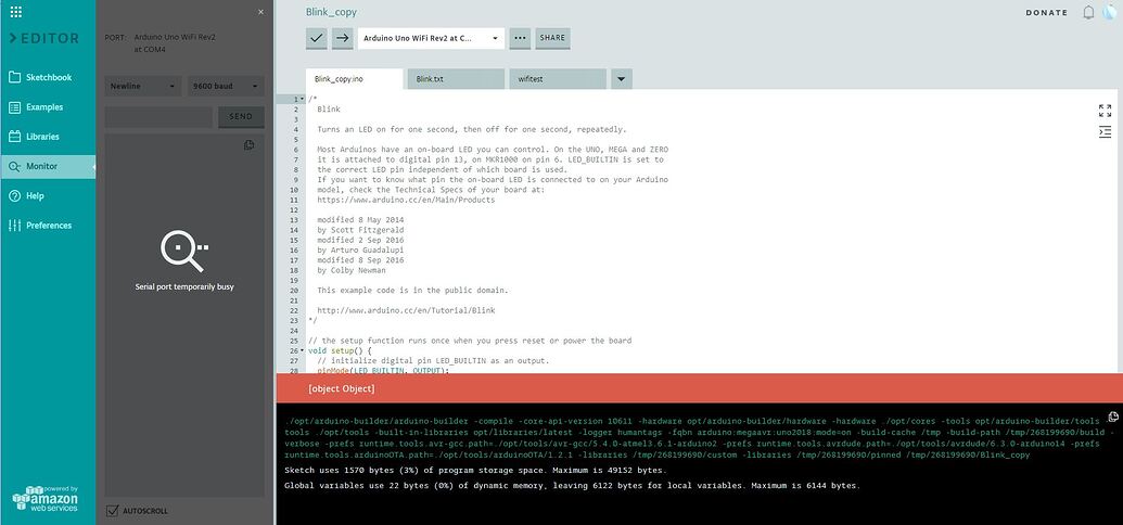 Upload issues [object Object] - Cloud Editor - Arduino Forum
