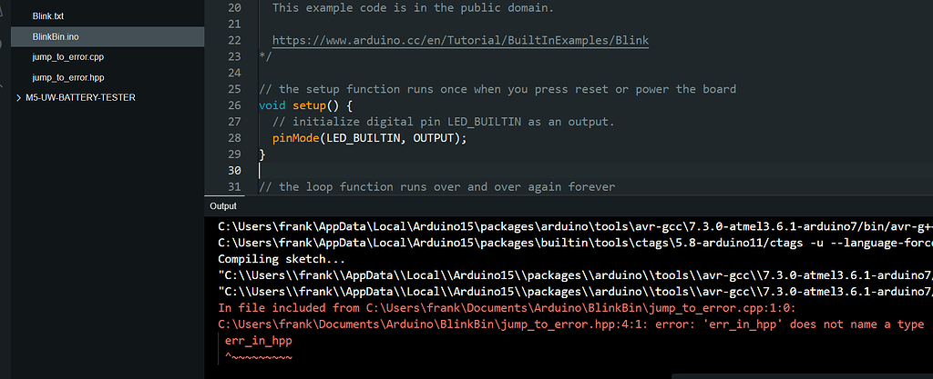 Go with cursor to file/line when Click on error in ''Outpput view' - IDE 2.x - Arduino Forum