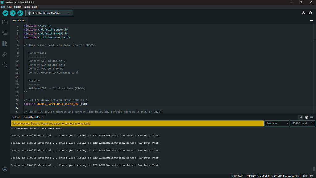 Unable to connect adafruit bno055 to esp32-c6 - General Guidance - Arduino Forum