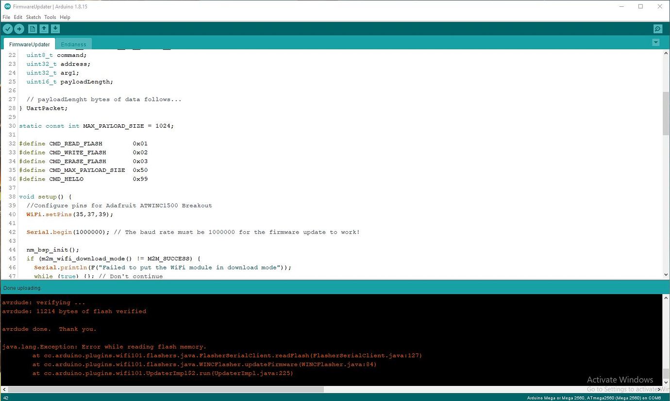 Issues with updating firmware on ATWINC1500 wifi chip - Programming - Arduino Forum