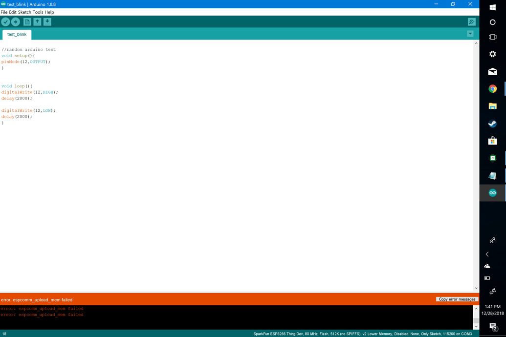 Error Espcomm Upload Mem Failed Let S Start Coding Spark Fun Esp8266 Thing Programming