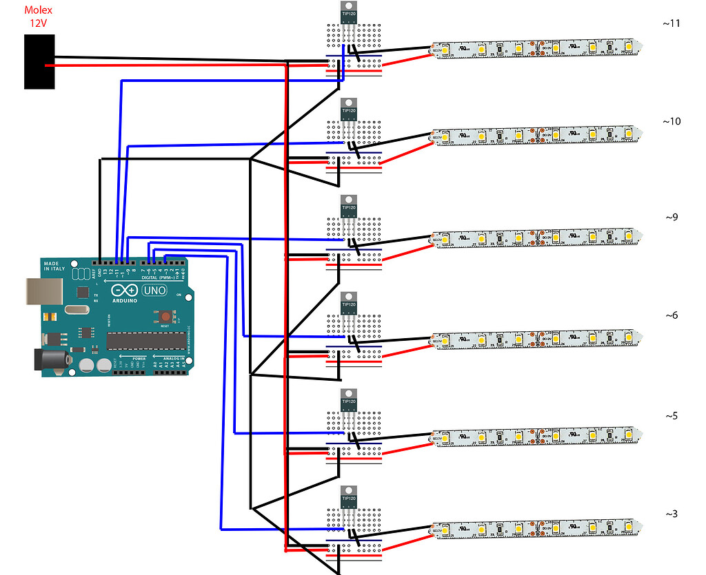 UNO: Code needed for 6 x 12V LED for indepent control settings - LEDs and Multiplexing - Arduino ...