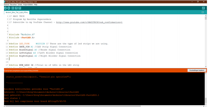 Fout bij compileren van sketch met FastLED gemaakt op arduino Nano naar ATtiny85 - Nederlands ...