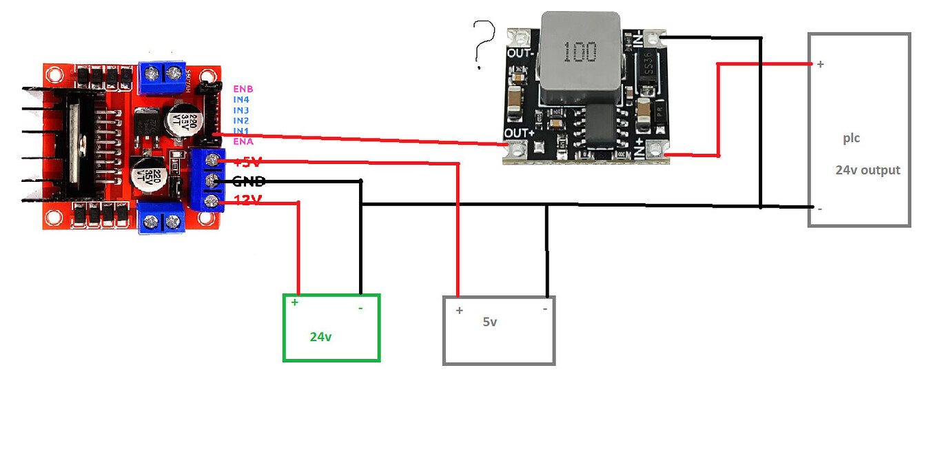 How to connect a 24 volts PLC output to L298N motor driver pins IN1 made for arduino using a ...
