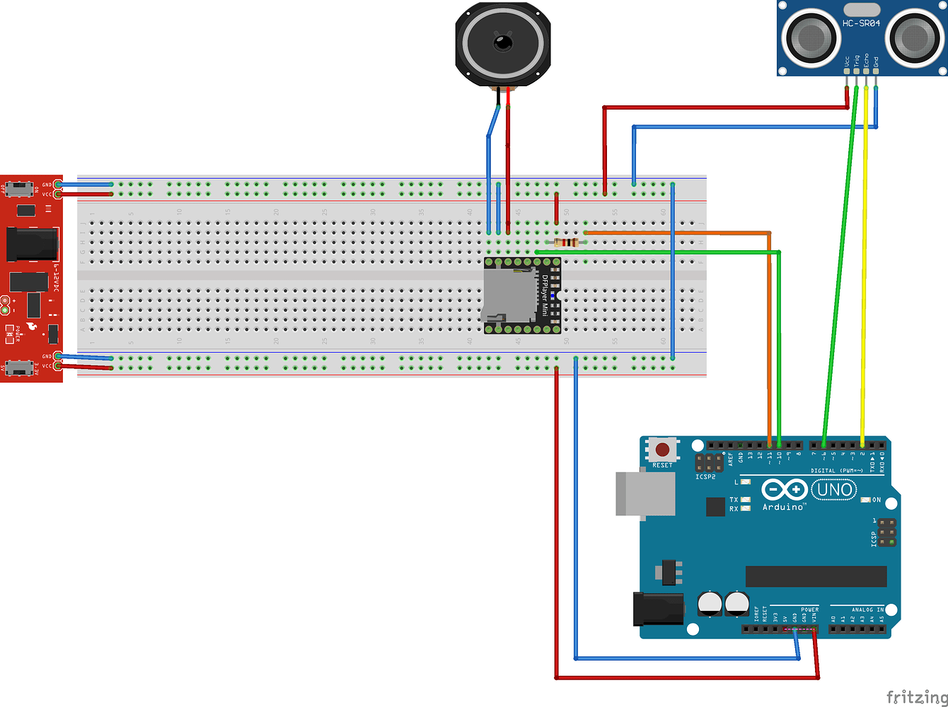 HC-SR04 sensor triggering sound through DFPlayer – circuit issues - General Electronics ...