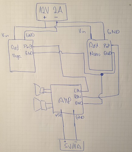Power two Arduino's and an amplifier...what to do with grounds ...