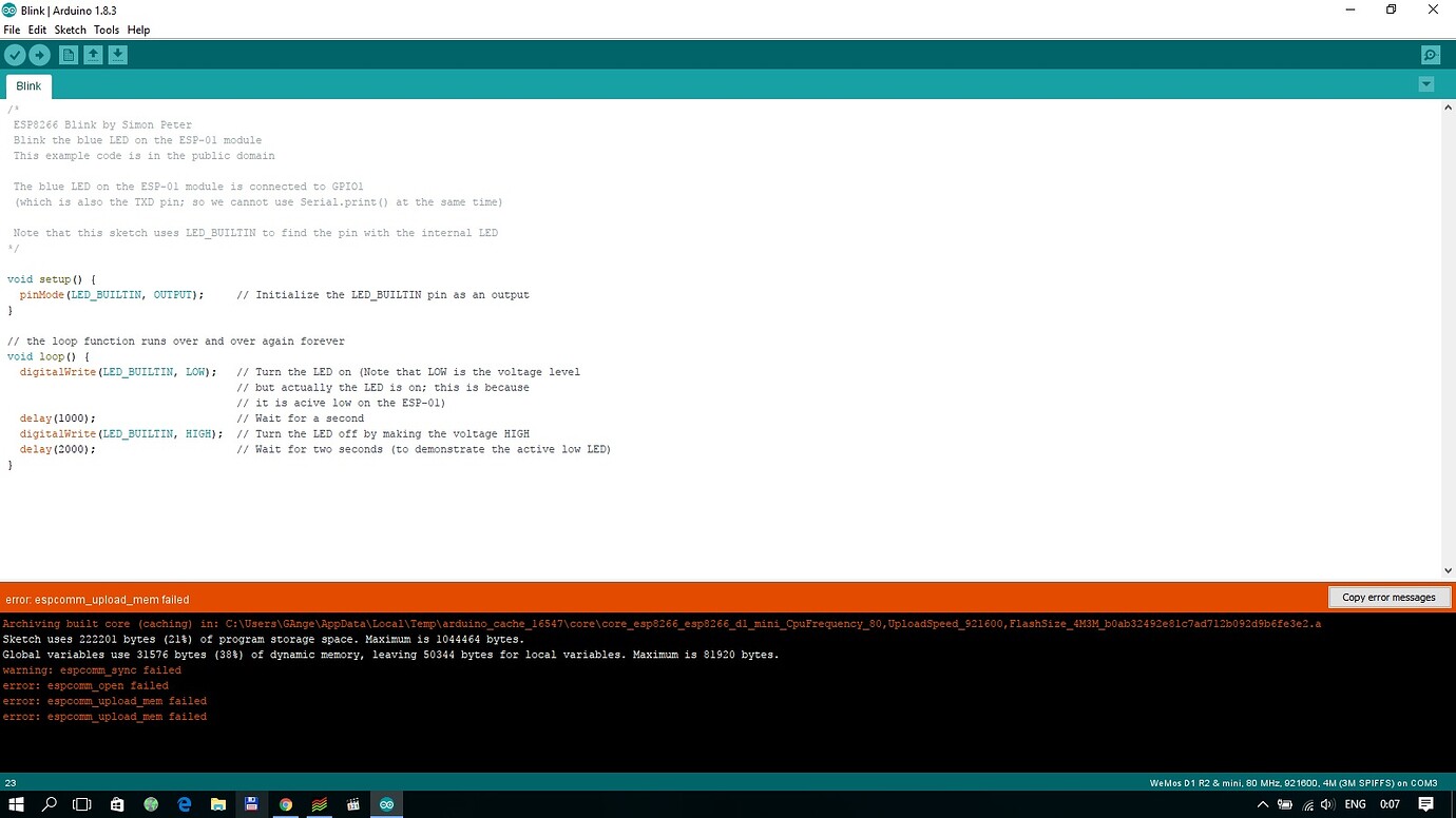D1 Wifi failed to upload... - 3rd Party Boards - Arduino Forum