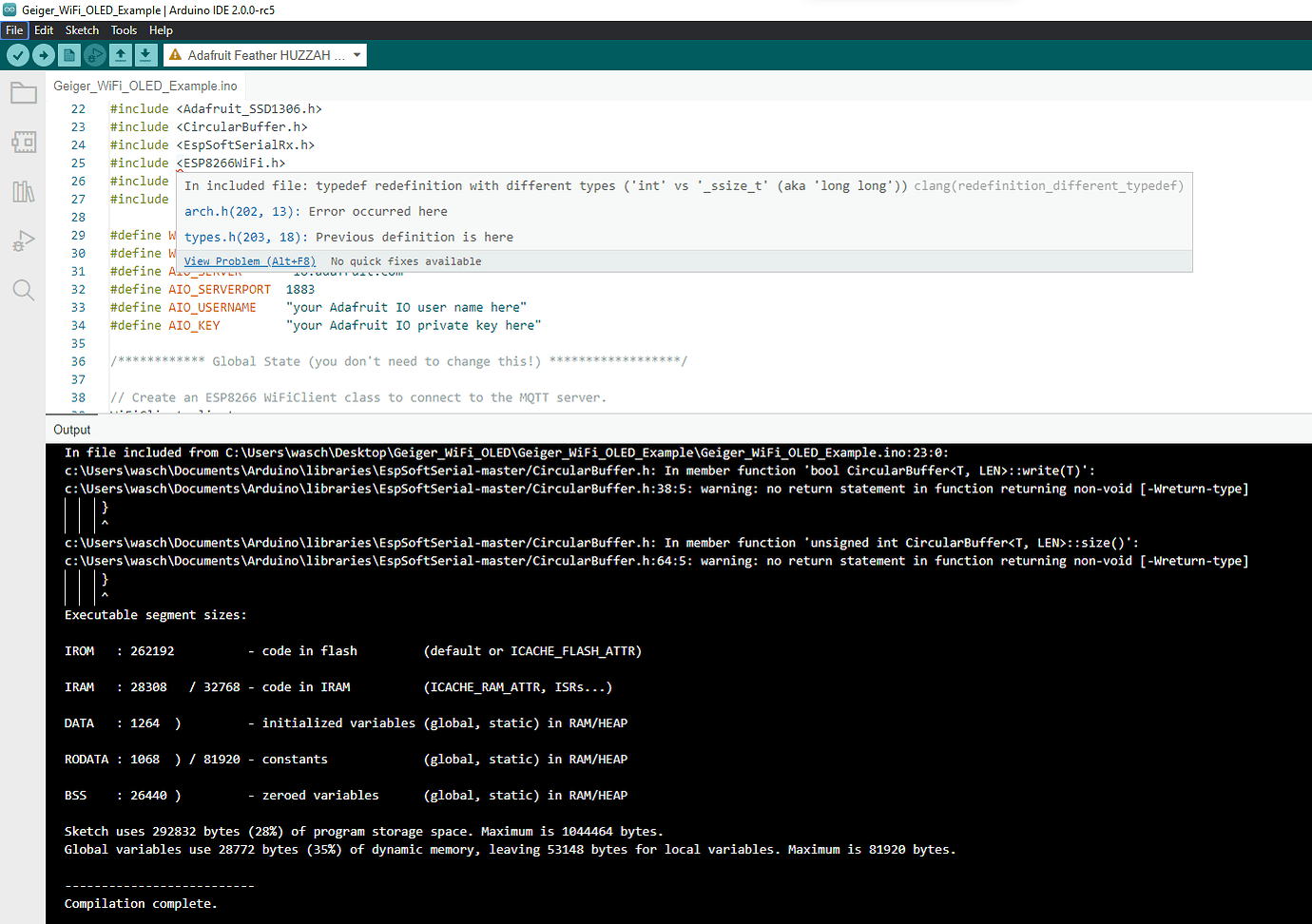 Error at example program: Wi-Fi and OLED Upgrade for MightyOhm Geiger Counter - Programming ...