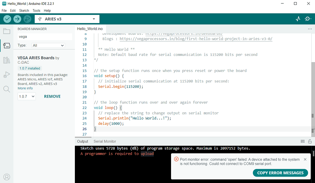 I was trying to code on a VEGA ARIES V3 and got this error messa A ...