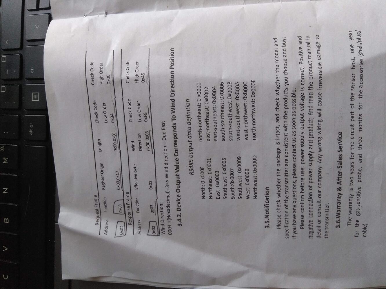 Reading data from wind direction sensor with rs485 to TTL module ...