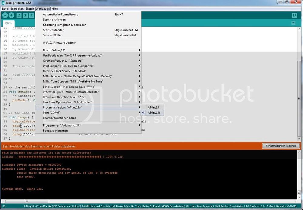 Problem beim Sketch hochladen mit ATtiny13 - Deutsch - Arduino Forum