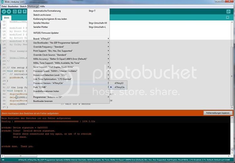 Problem beim Sketch hochladen mit ATtiny13 - Deutsch - Arduino Forum