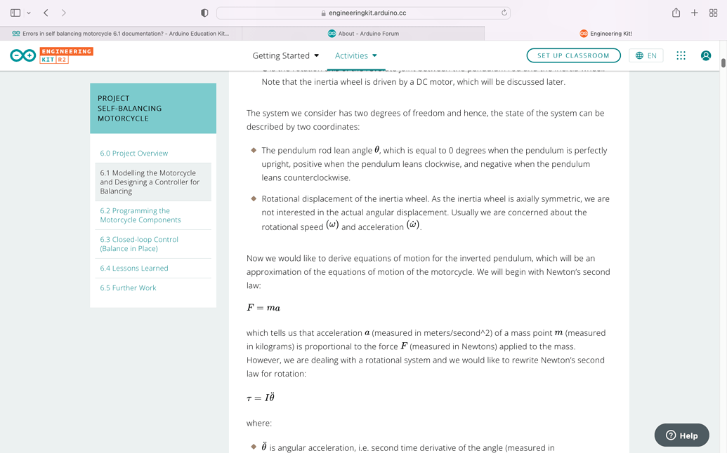 Errors in self balancing motorcycle 6.1 documentation? - Engineering ...