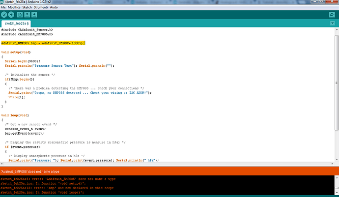 [RISOLTO] BMP085 'Adafruit_BMP085' does not name a type - Software - Arduino Forum