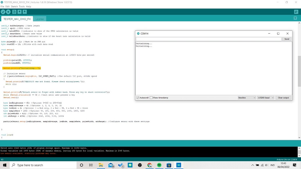 Only initializing in serial monitor when connecting Max30102 and arduino uno - Programming ...