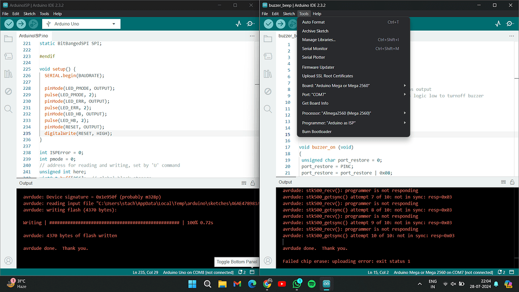Unable to upload code:: Failed chip erase: uploading error - Uploading ...