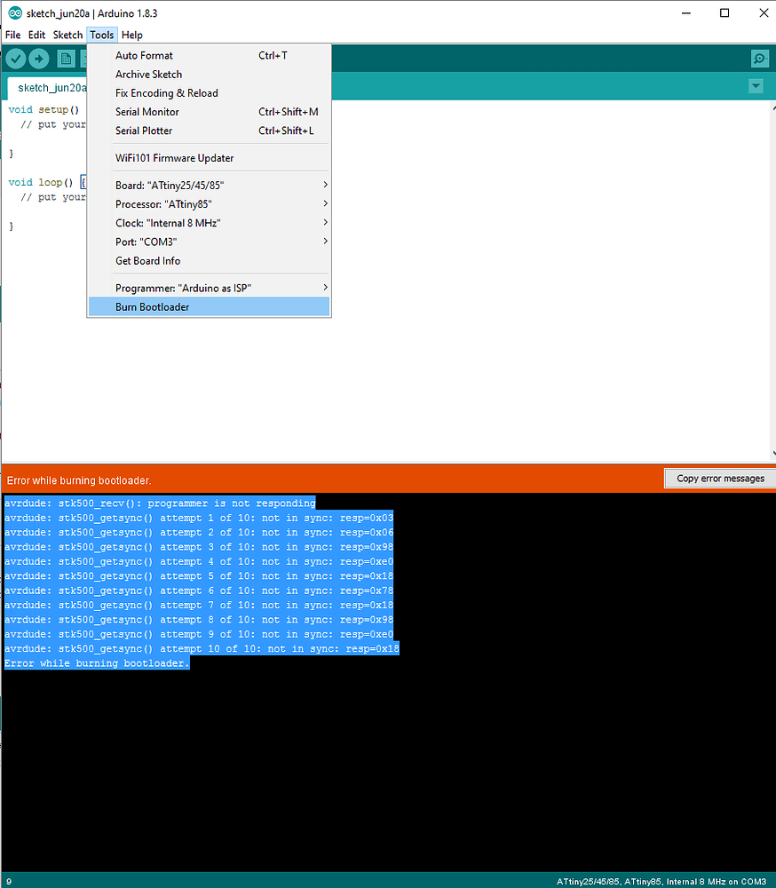 AtTiny 85 Bootloader FAIL - 3rd Party Boards - Arduino Forum