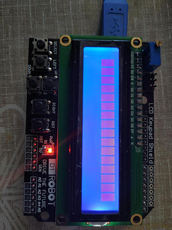 Arduino LCD 2x16 BL Shield displaying only boxes on top row. - Displays - Arduino Forum