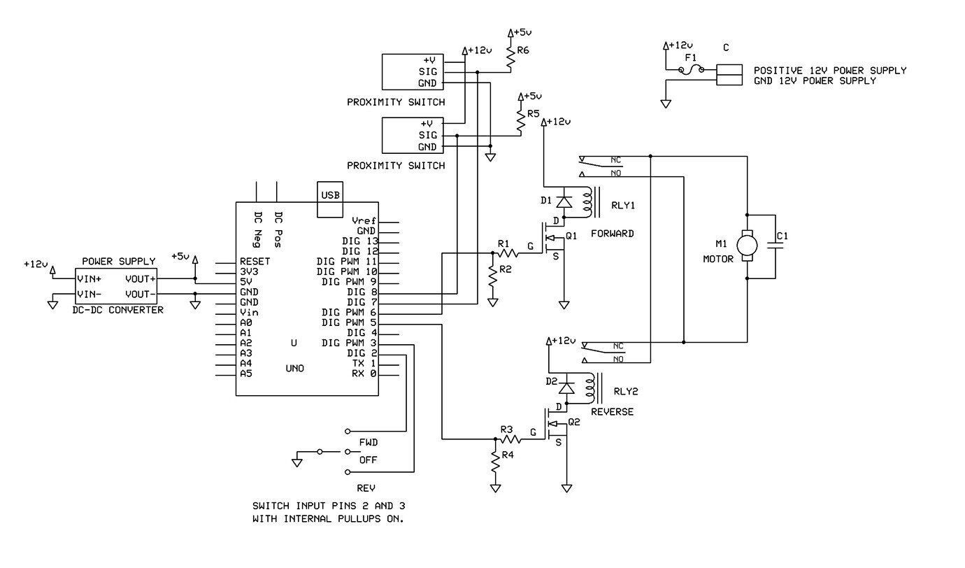 Proximity sensors / neg output triggering a reverse polarity relay setup for high power motor ...