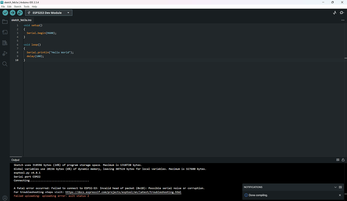 Esp 32 s3 wroom 1 n8r8 - code uploading error - Uploading - Arduino Forum