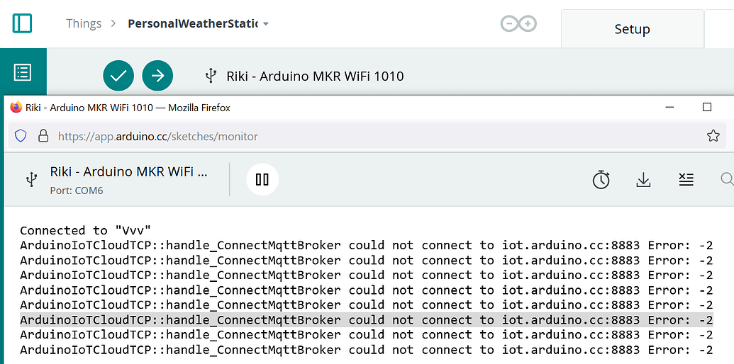Device fails to connect to Arduino Cloud: "ArduinoIoTCloudTCP::handle_ConnectMqttBroker could ...