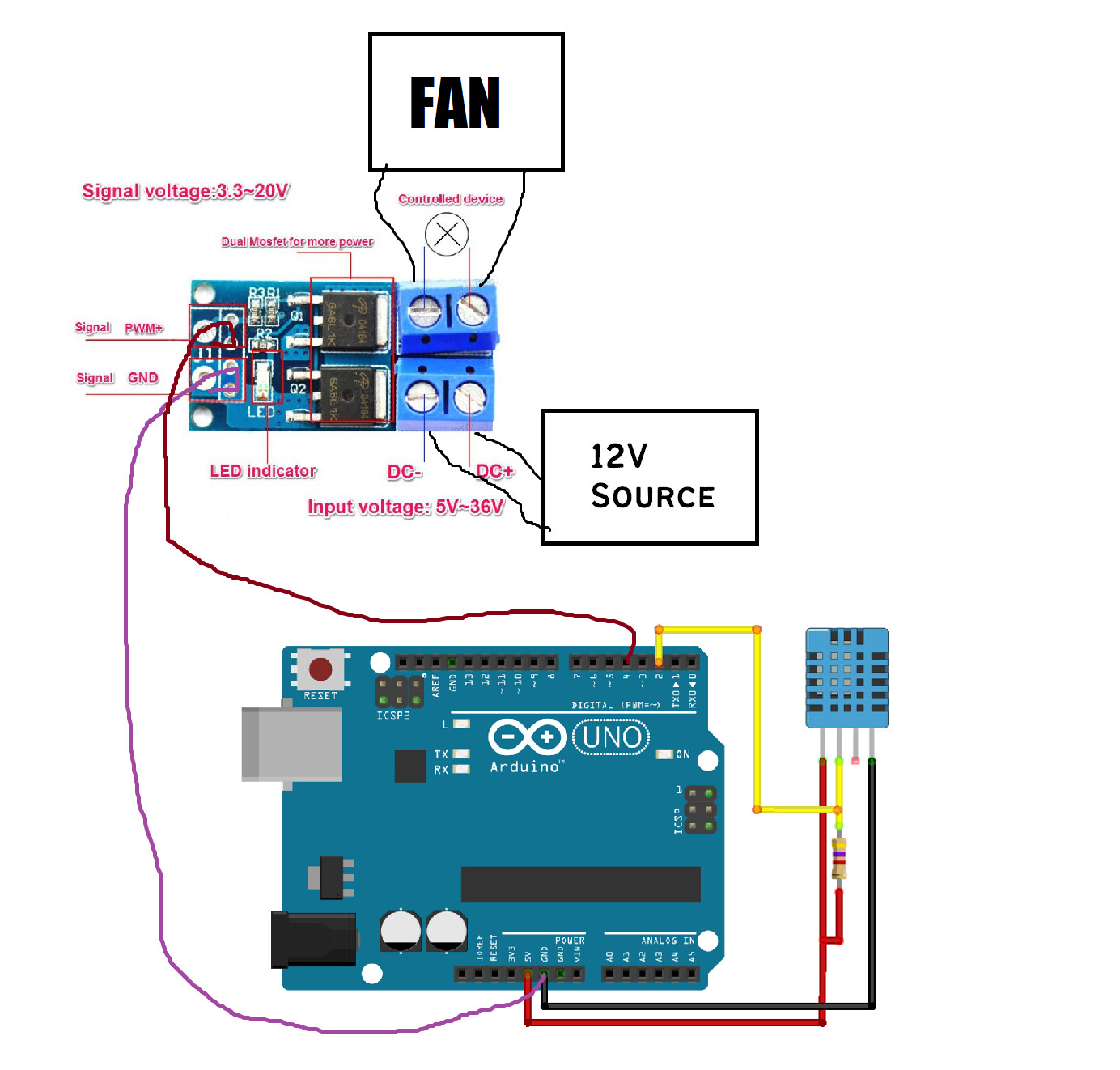 How to connect components of a temperature-controlled house project ...