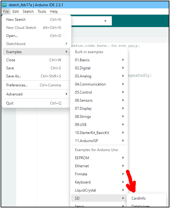 CardInfo example not in Arduino IDE? - IDE 2.x - Arduino Forum CardInfo example not in Arduino IDE? - IDE 2.x - Arduino Forum