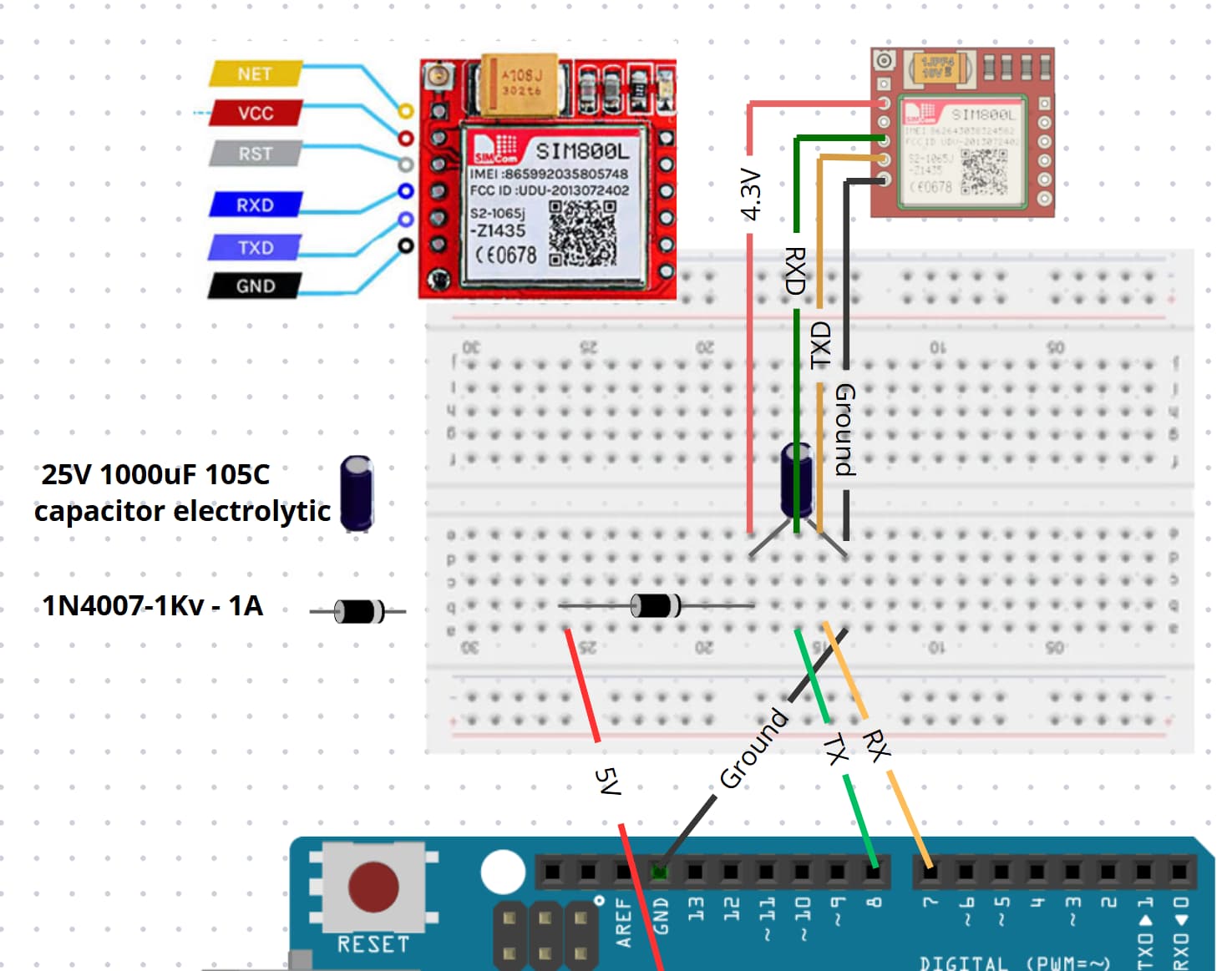 SIM800L with Arduino: LED blinks, but no response in the serial monitor - Networking, Protocols ...