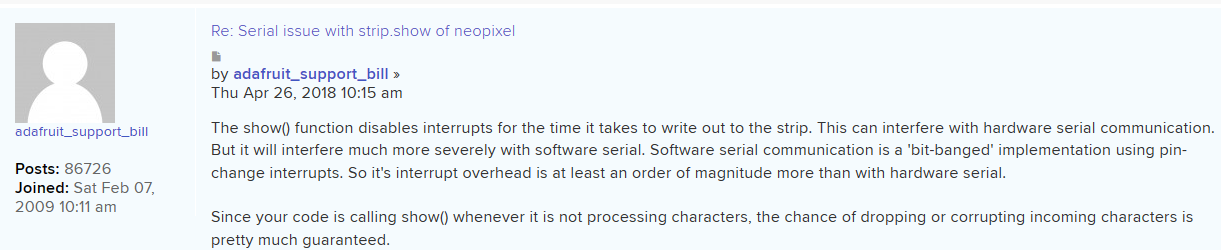 NeoPixel+Serial project: Dropped characters on Serial.read(), random ... NeoPixel+Serial project: Dropped characters on Serial.read(), random ...