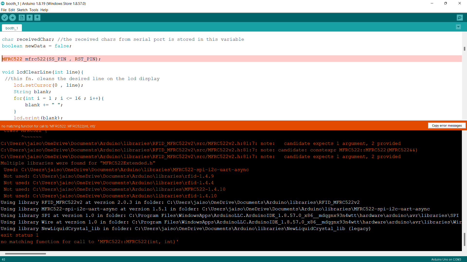 How to solve no matching function for call to 'MFRC522::MFRC522(int, int)' - Programming ...
