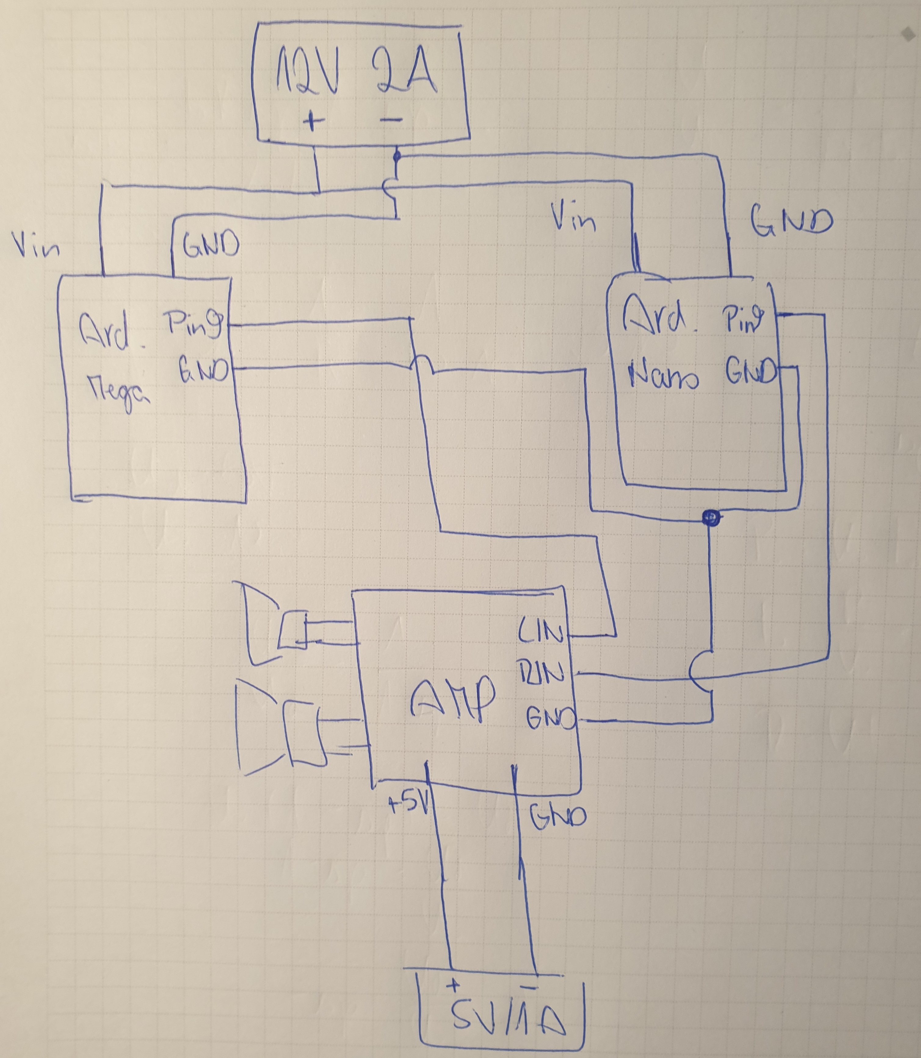 Power two Arduino's and an amplifier...what to do with grounds ...