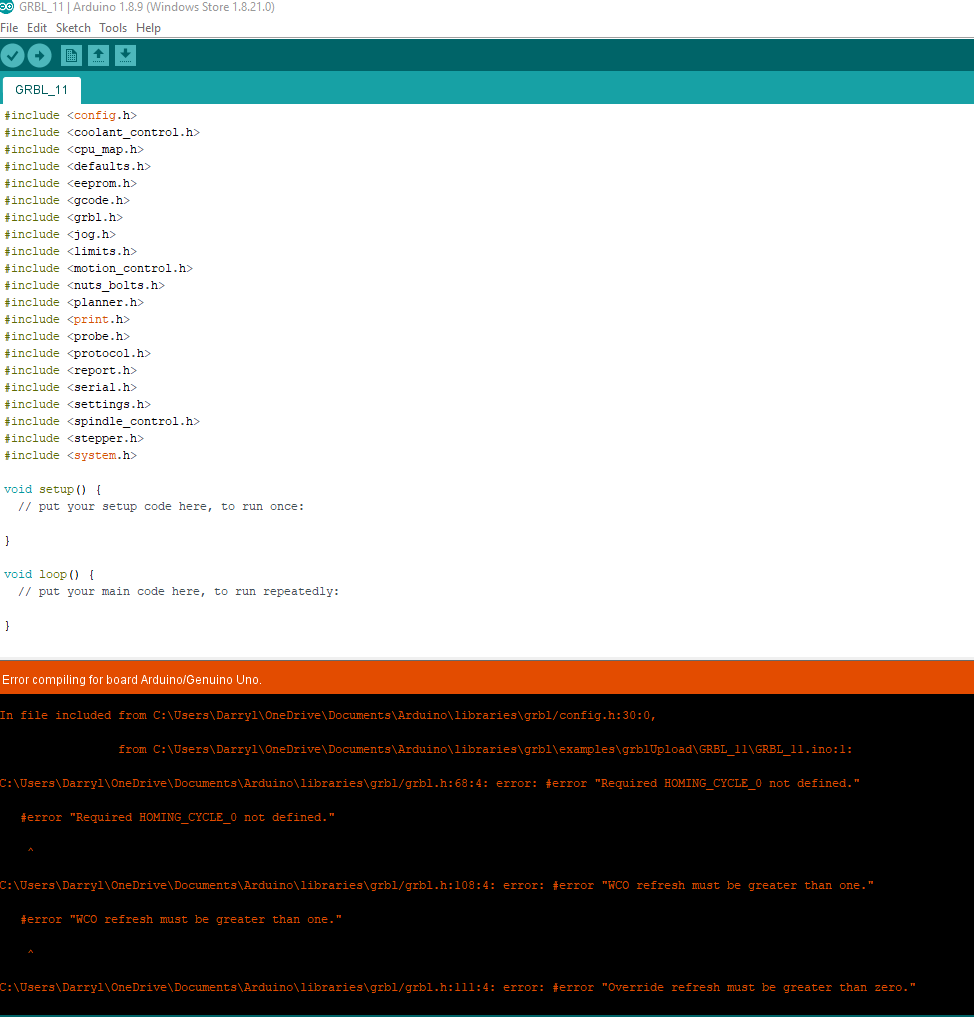 Compiling Error GRBL 1.1 - Required_Homing_Cycle_0 not defined - General Guidance - Arduino Forum