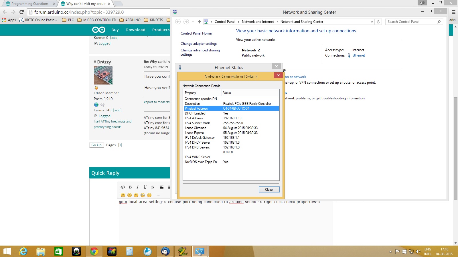 Why can't i visit my arduino's IP address?? It is 192.168.2.7 - Networking, Protocols, and ...