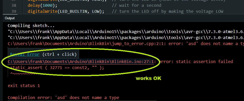 Go with cursor to file/line when Click on error in ''Outpput view' - IDE 2.x - Arduino Forum